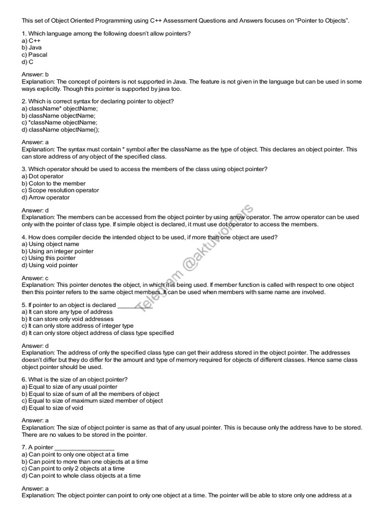 Object Oriented Programming C Assessment Questions On Pointers To Objects Pdf Pointer