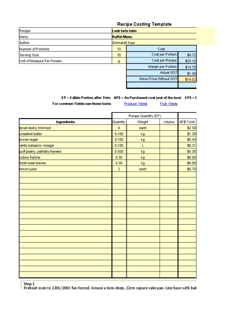 Recipe Costing Template: Leek Tarte Tatin Buffet Menu | PDF | Stir ...