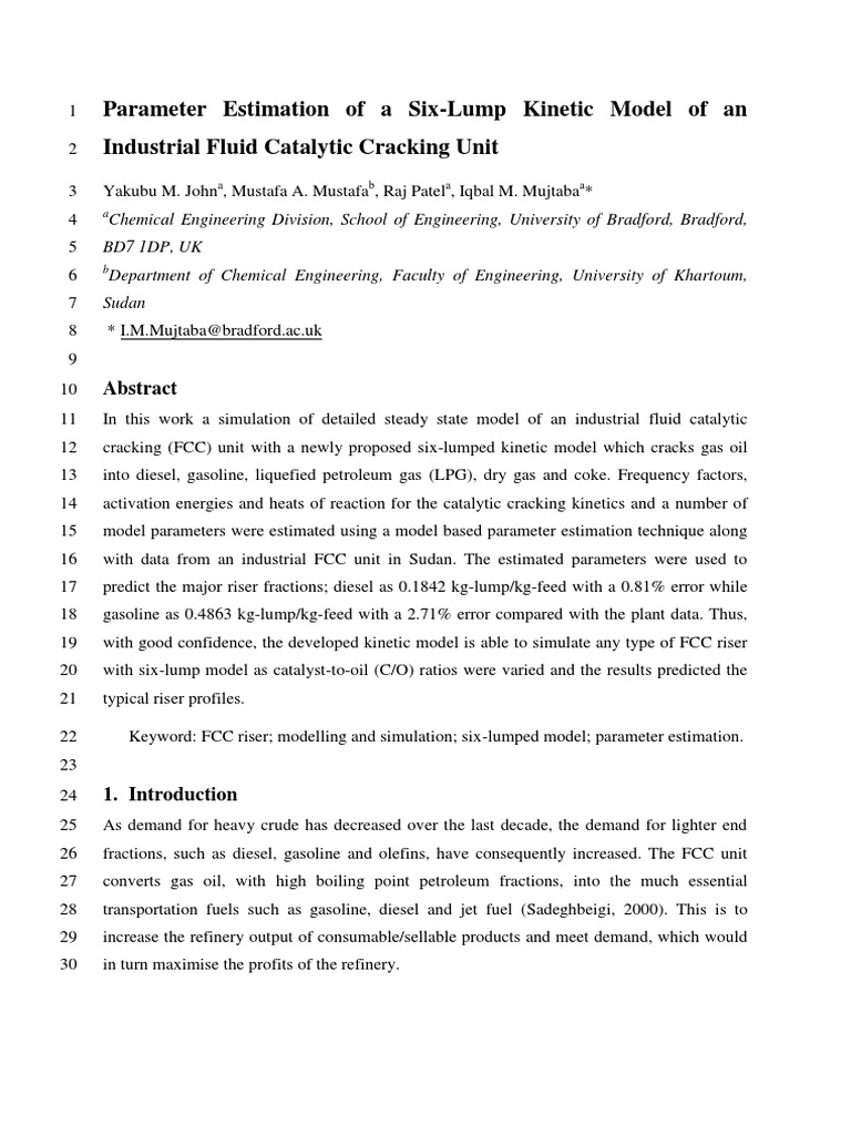 Parameter Estimation of A Six-Lump Kinetic Model of An Industrial | PDF ...
