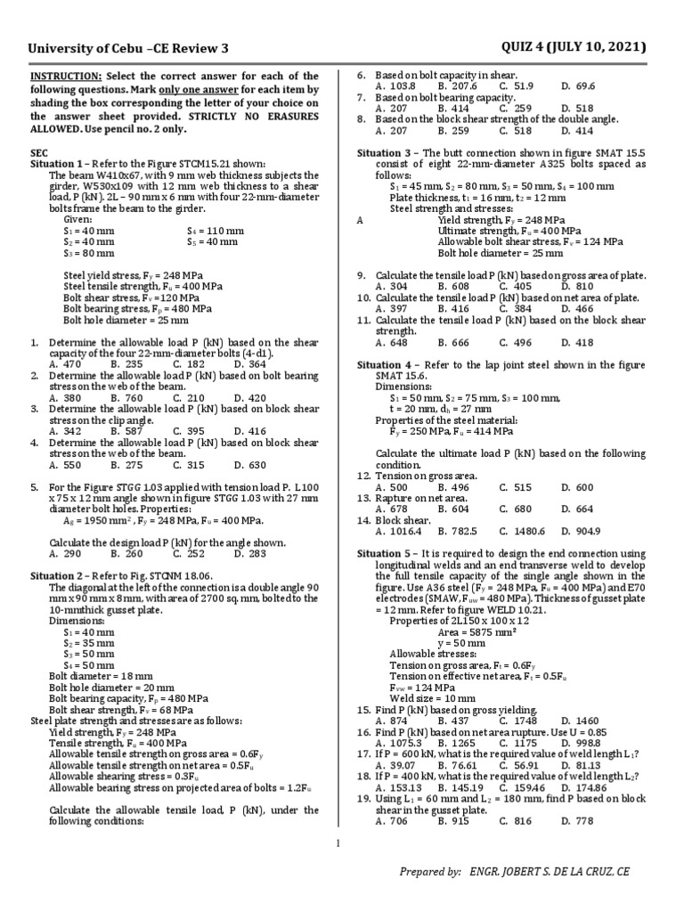Quiz on Structural Steel Design Calculations Covering Topics Such as ...