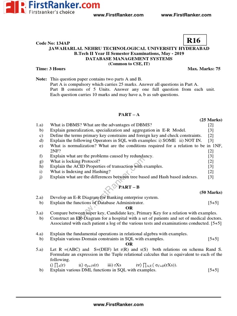 JNTUH B Tech 2019 2 2 May R18 CSE 134AP DMS Database Management Systems | PDF | Databases ...