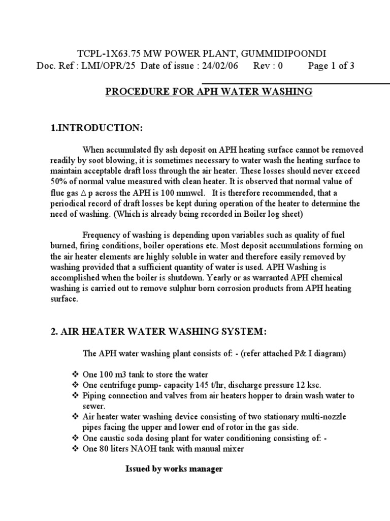 Procedure For Aph Water Washing | PDF | Pump | Boiler