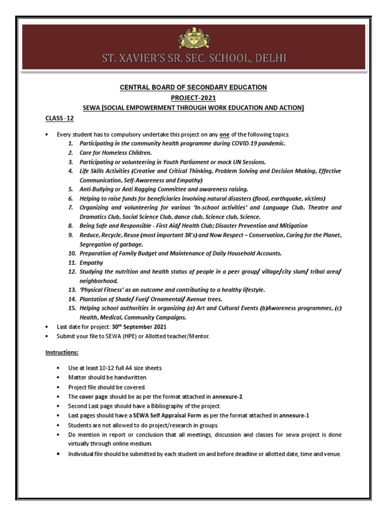 Sewa Project Class-12 - 2021 | PDF | Human Nature | Wellness