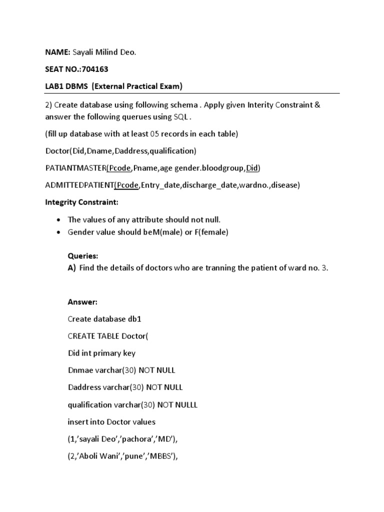 NAME: Sayali Milind Deo. SEAT NO.:704163 LAB1 DBMS (External Practical Exam) | PDF | Information ...