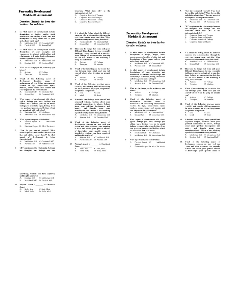 Personality Development Module #3 Assessment: Best Describes Each Item ...