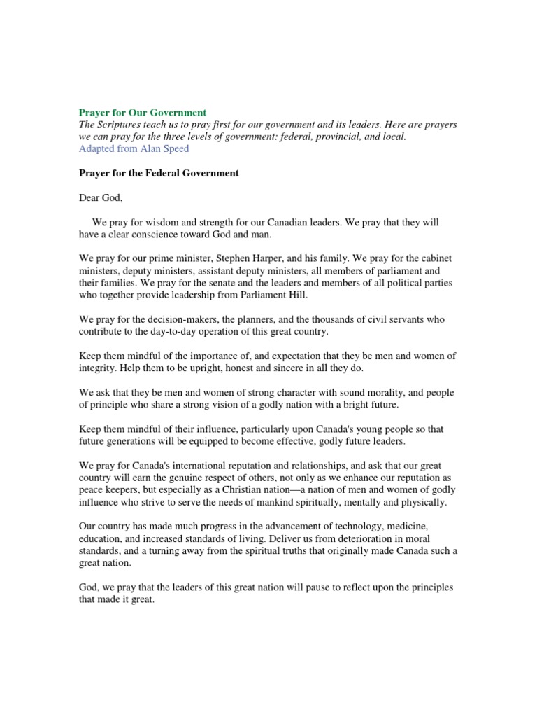 Prayer for Three Levels of Government | Prayer | Leadership
