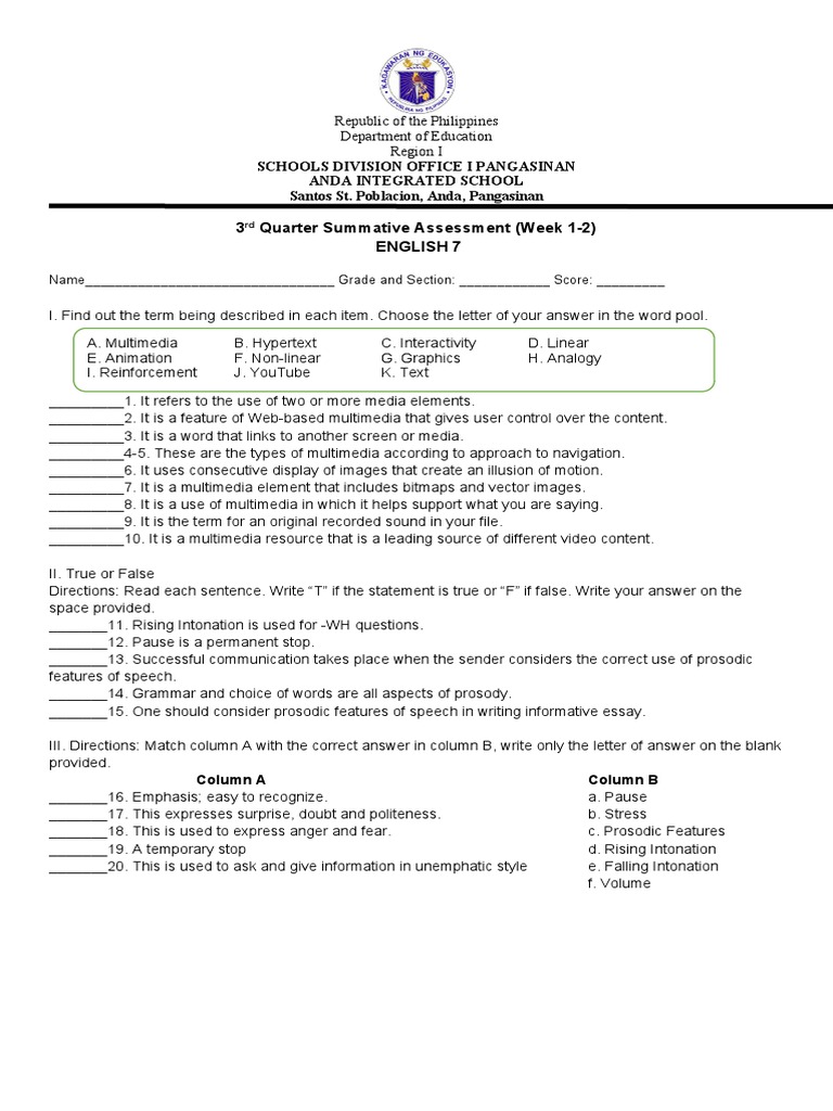 3rd Quarter Summative Assessment Guide | PDF | Romeo And Juliet ...
