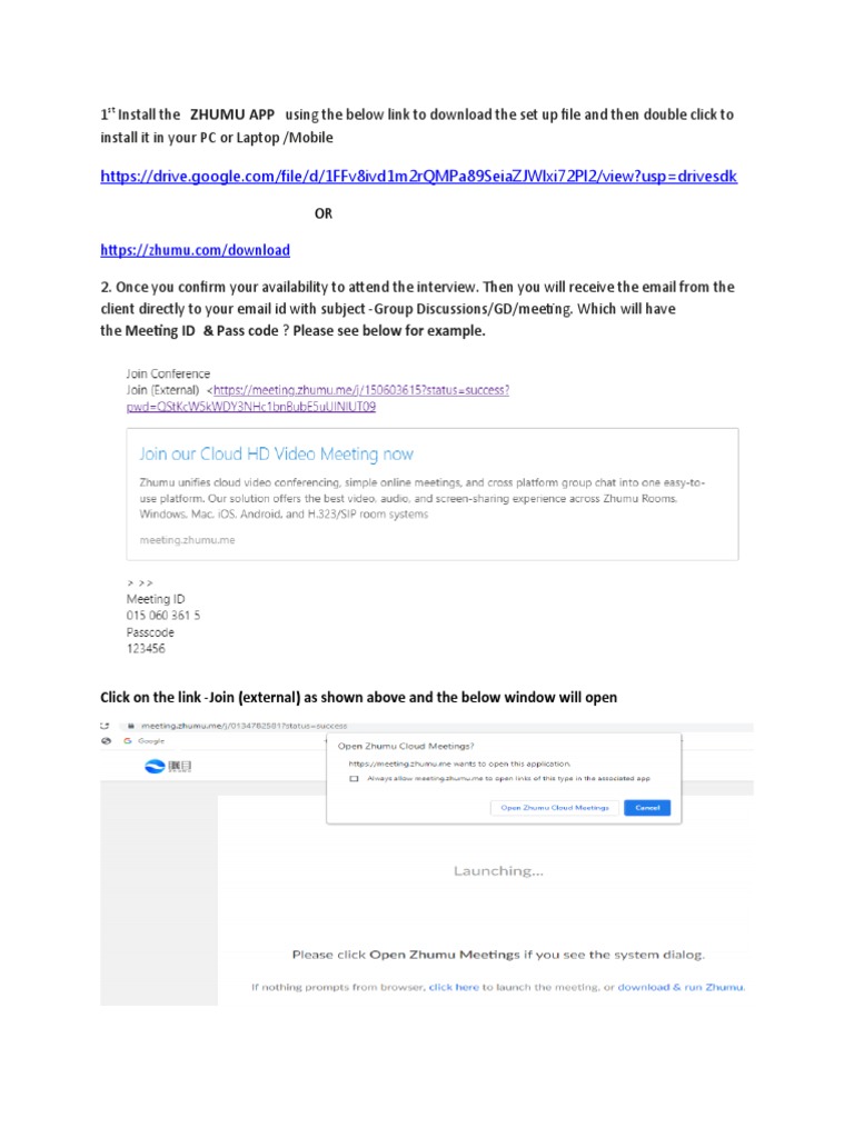 ZHUMU APP Link & Steps To Join The Interview Meeting | PDF | Business ...
