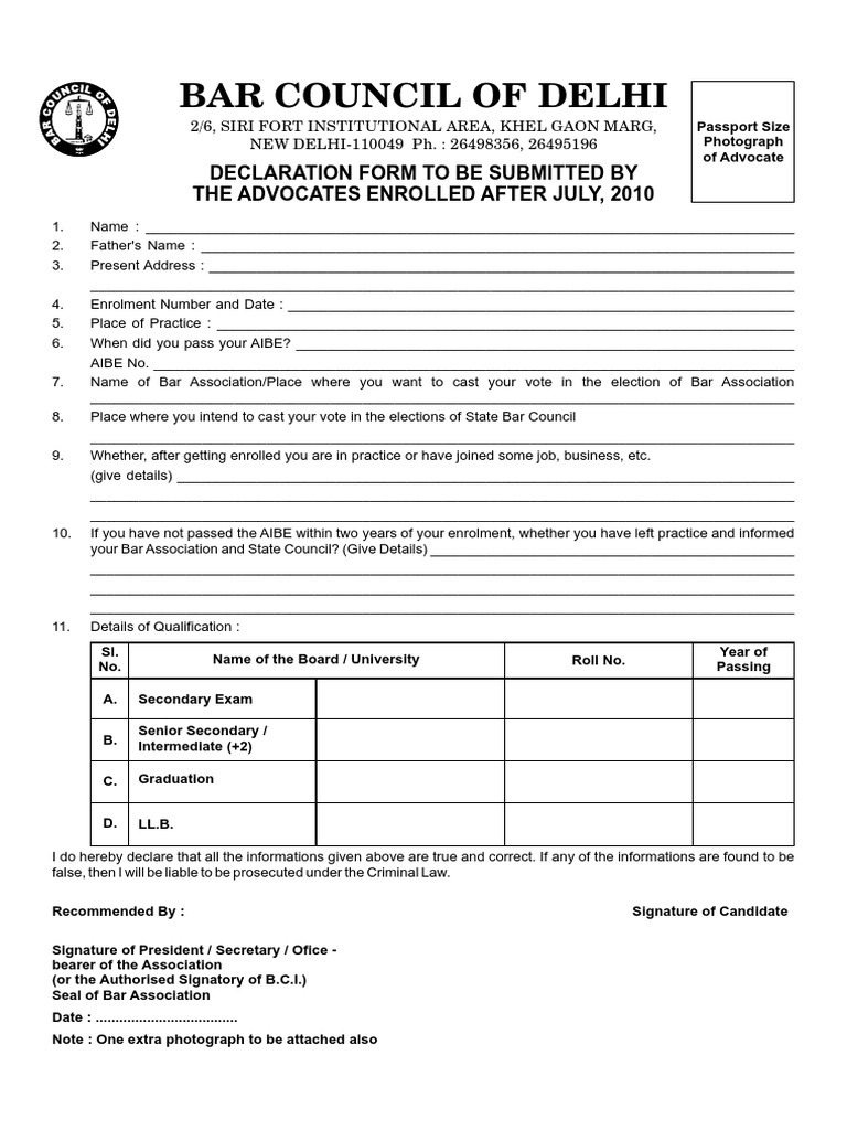 Bar Council Delhi enrollment form details | PDF | Advocate | Bar ...