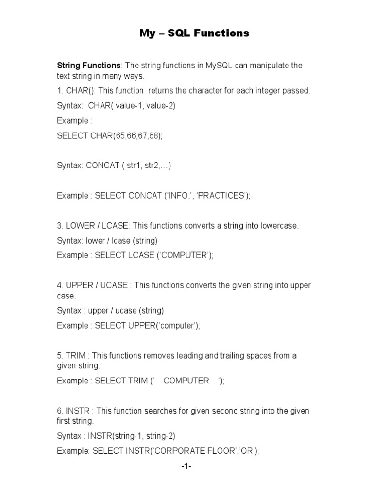 My-SQL Function Notes | PDF | String (Computer Science) | Software ...