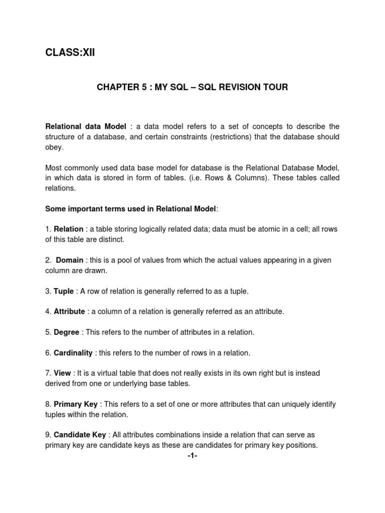 Class:Xii: Chapter 5: My SQL - SQL Revision Tour | PDF | Relational ...