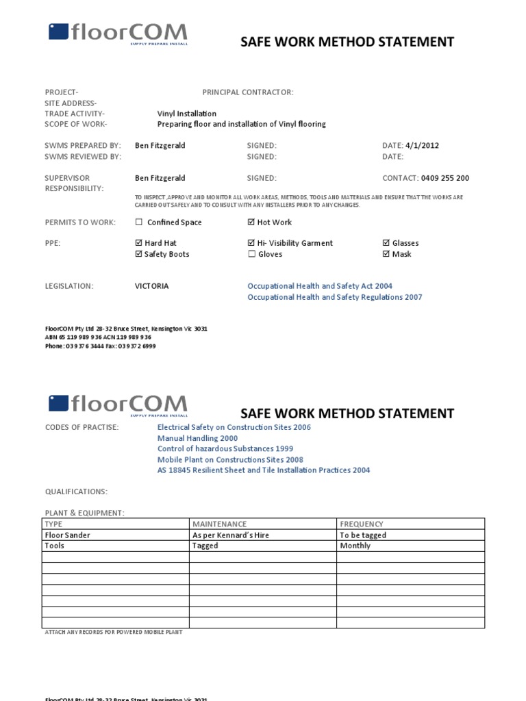 Safe Work Method Statement | PDF | Personal Protective Equipment ...