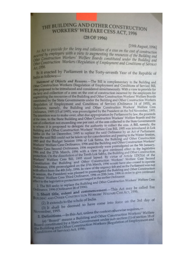 Building and Other Construction Worker's Welfare Cess Act 1996 | PDF