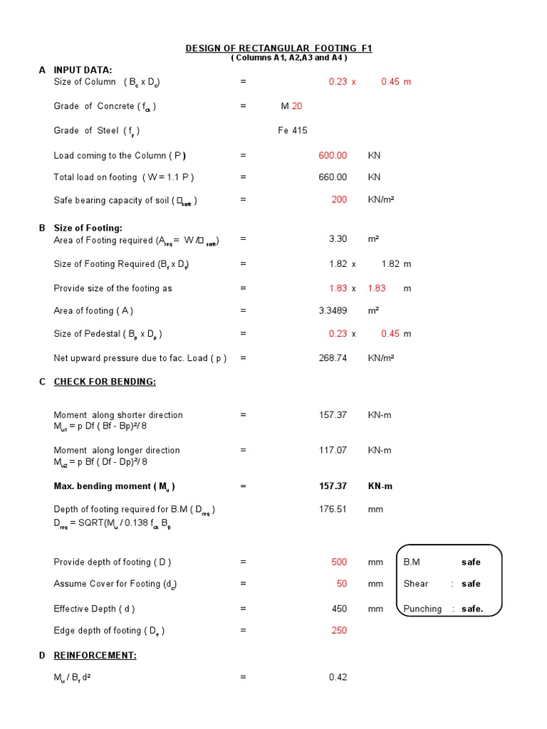 Design of Rectangular Footing F1 A Input Data:: (Columns A1, A2, A3 and ...