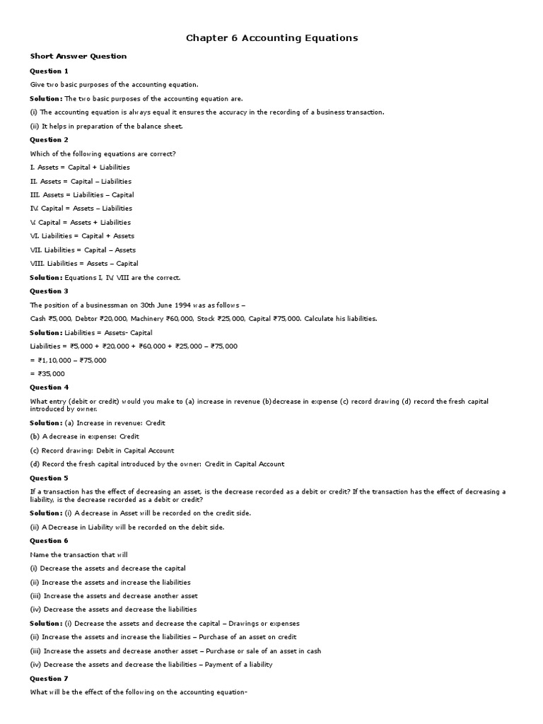 Chapter 6 Accounting Equations: Short Answer Question | PDF | Debits ...