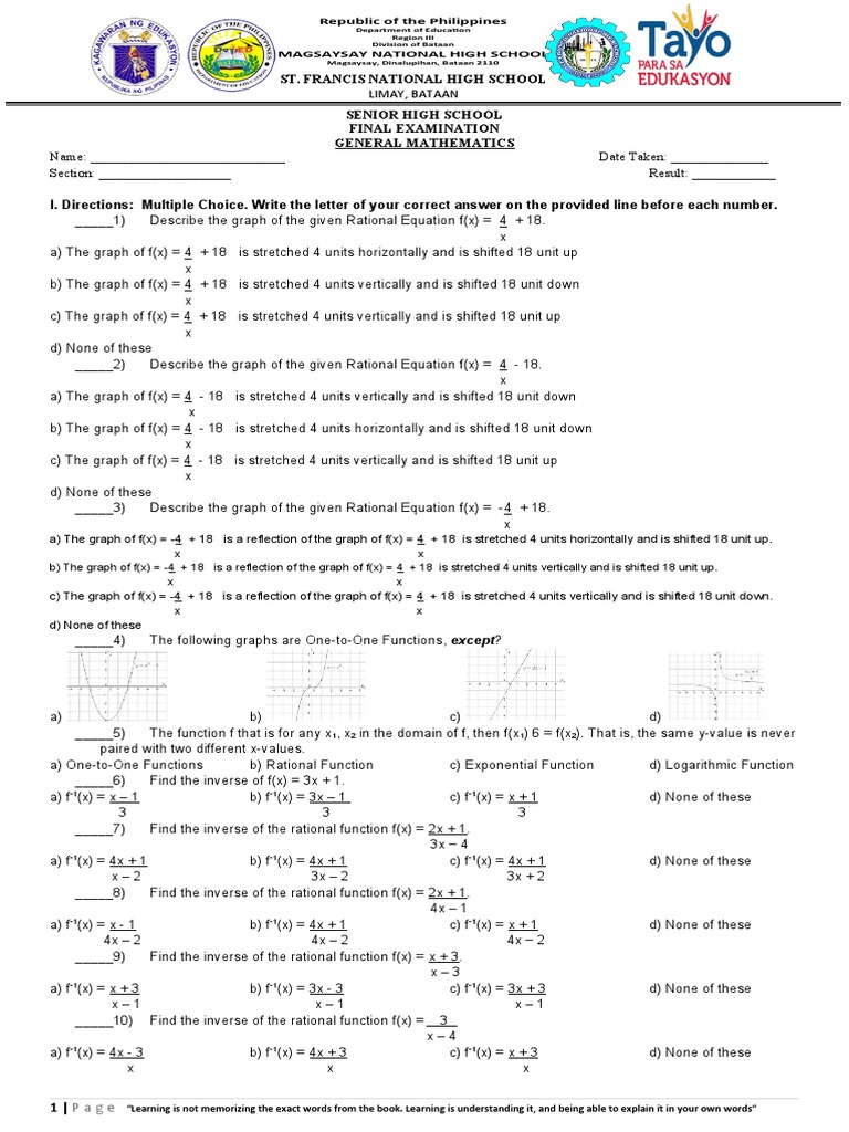 Final Examination General Mathematics | PDF | Logarithm | Function ...