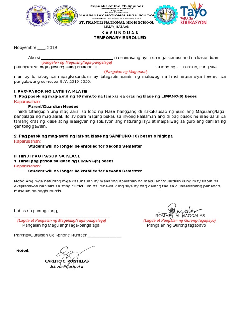 Kasunduan Temporary Enrolled | PDF