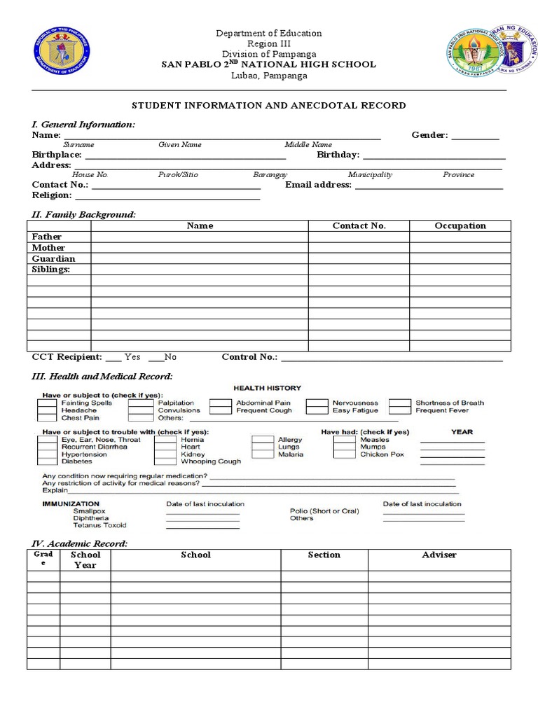 Student Information and Anecdotal Record | PDF | Wellness | Medical
