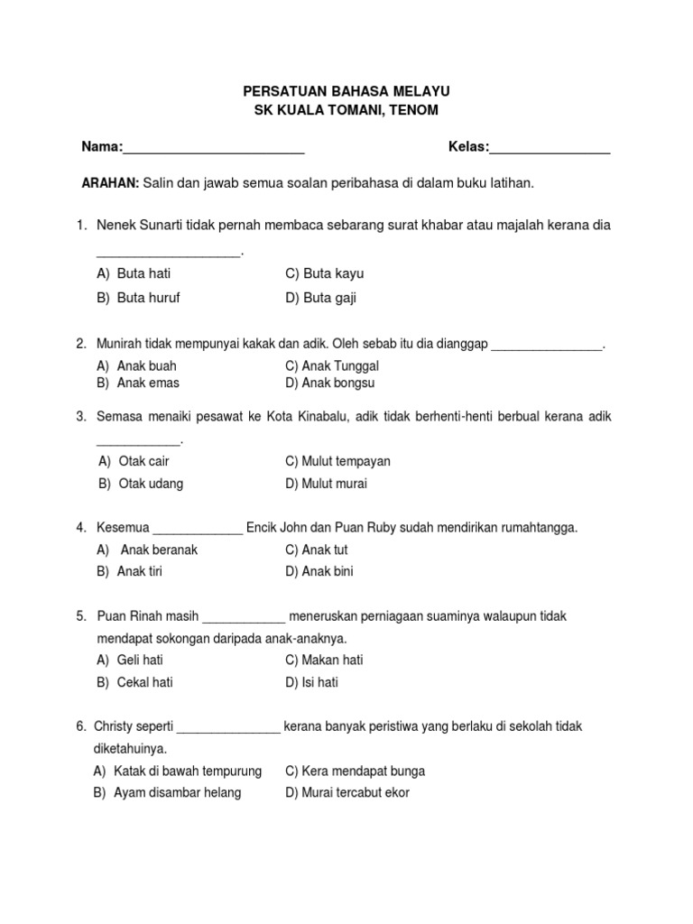 Kuiz Peribahasa Bahasa Melayu | PDF