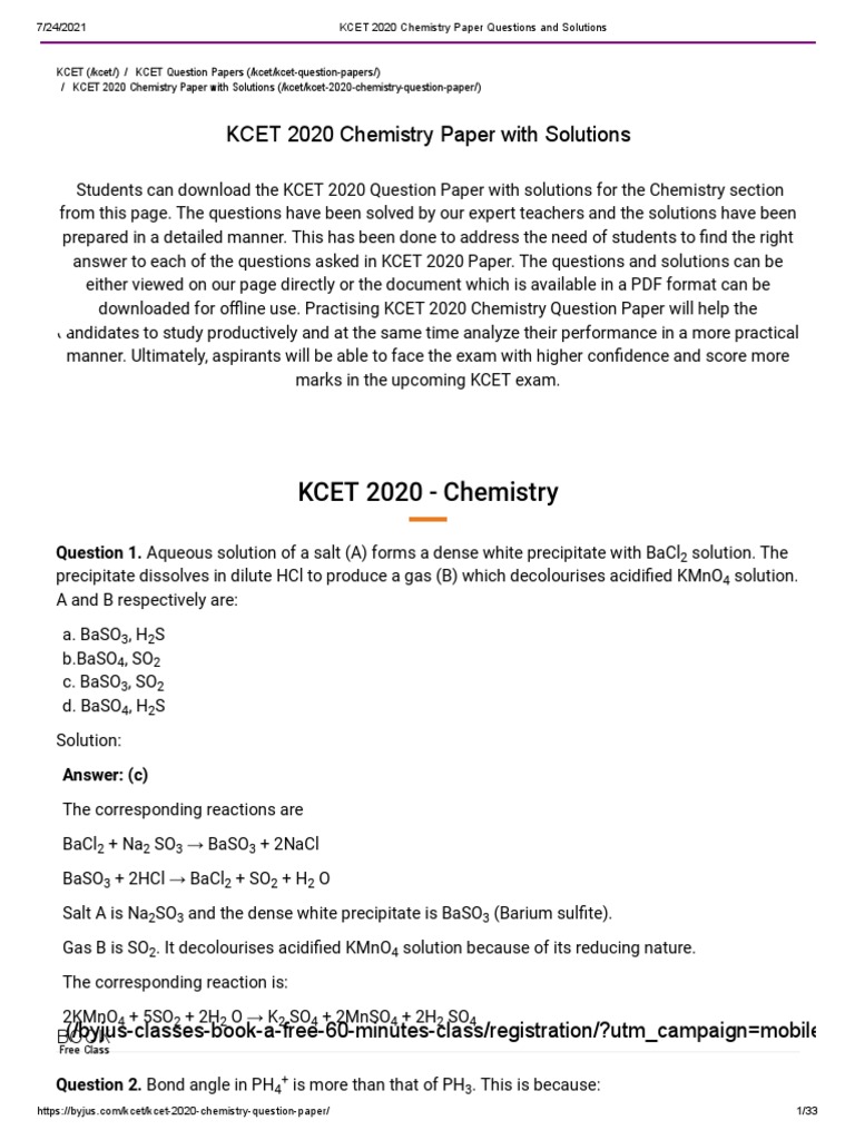 KCET 2020 Chemistry Paper Questions and Solutions | PDF ...