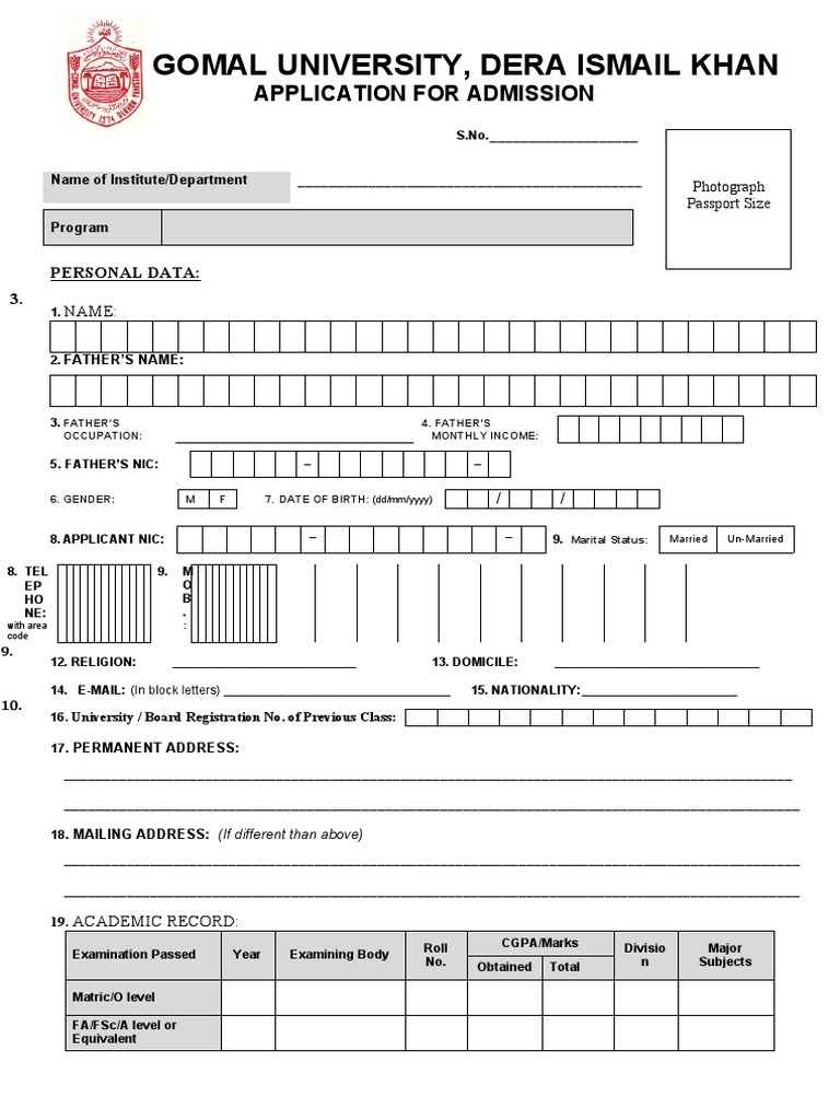 Gomal University, Dera Ismail Khan: Application For Admission | PDF ...