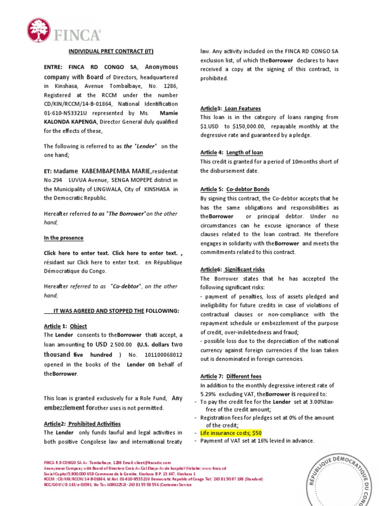 Loan Agreement Finca DRC | PDF | Loans | Debt