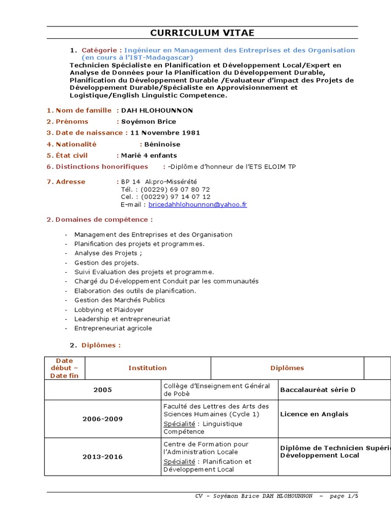 CV - DAH HLOHOUNNON S. Brice - Format UE (4) Actualisé1 | PDF ...