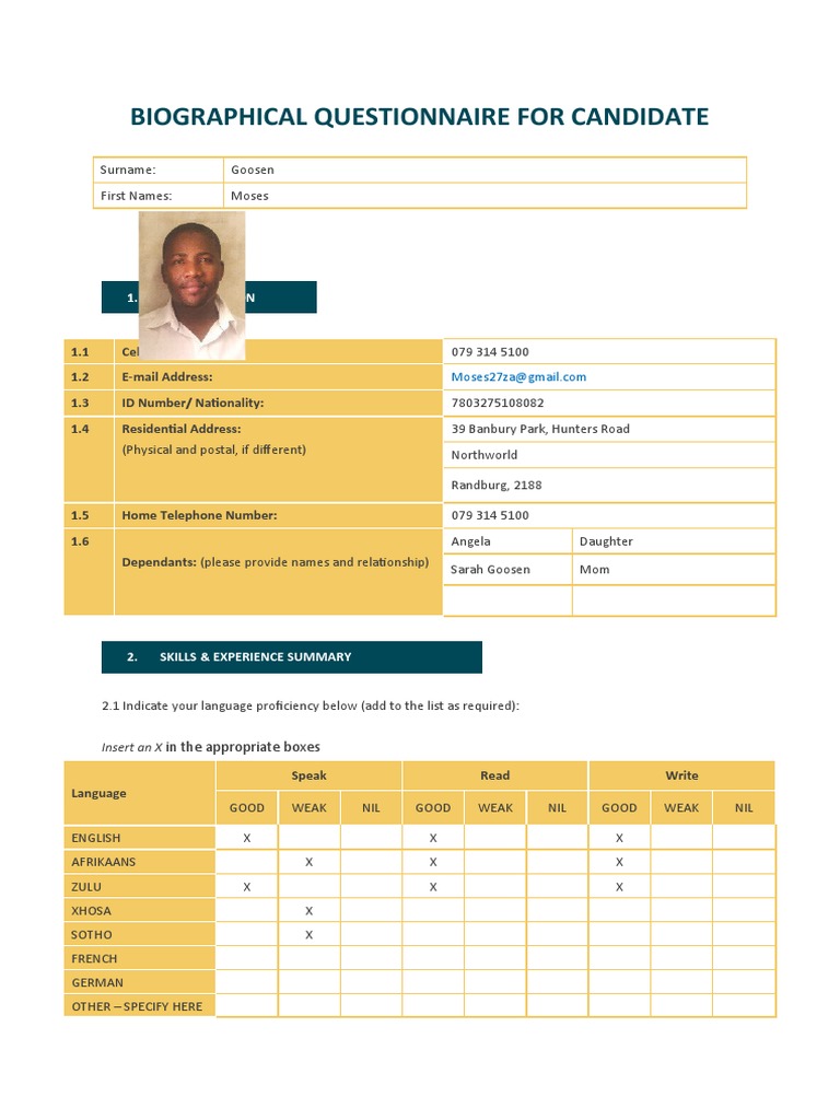 Candidate Biographical Questionnaire | PDF | Project Management | Business