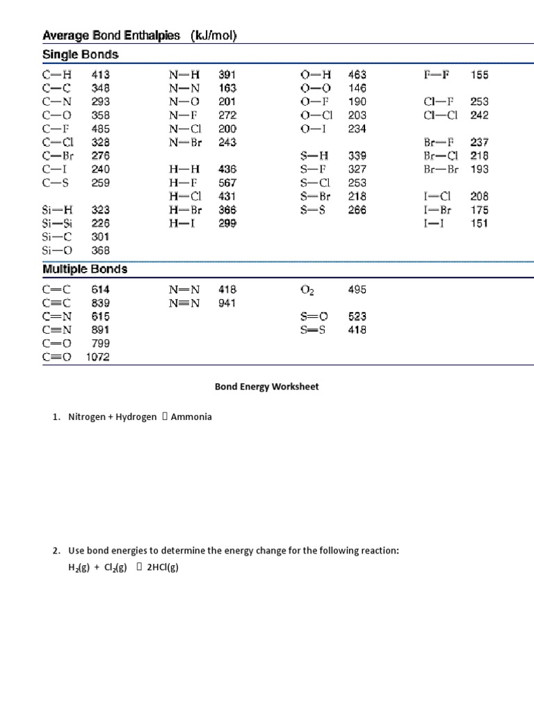 Bond Energy Calculations Worksheet 2 | PDF