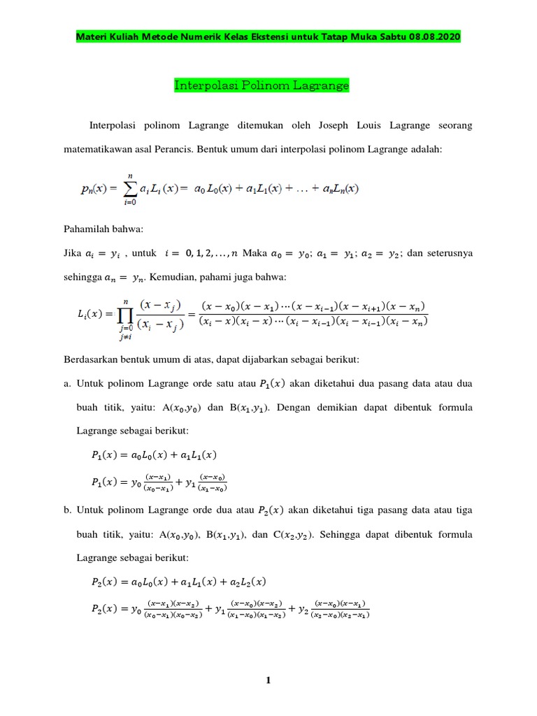 08.08.2020 Interpolasi Polinom Lagrange. | PDF