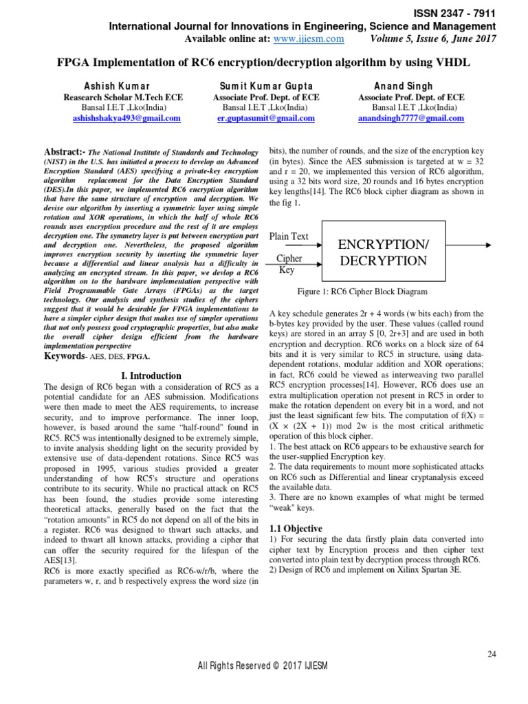Fpga Implementation Of Rc6 Encryption Decryption Algorithm By Using Vhdl Pdf Cryptography