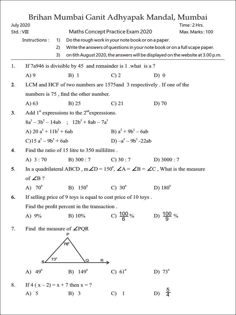 Brihan Mumbai Ganit Adhyapak Mandal, Mumbai: ST ND | PDF | Metrology ...