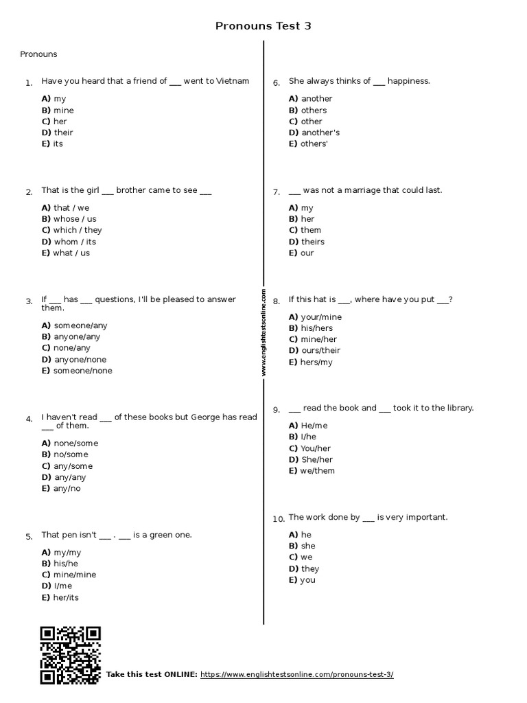 Pronouns Test with Answers | PDF