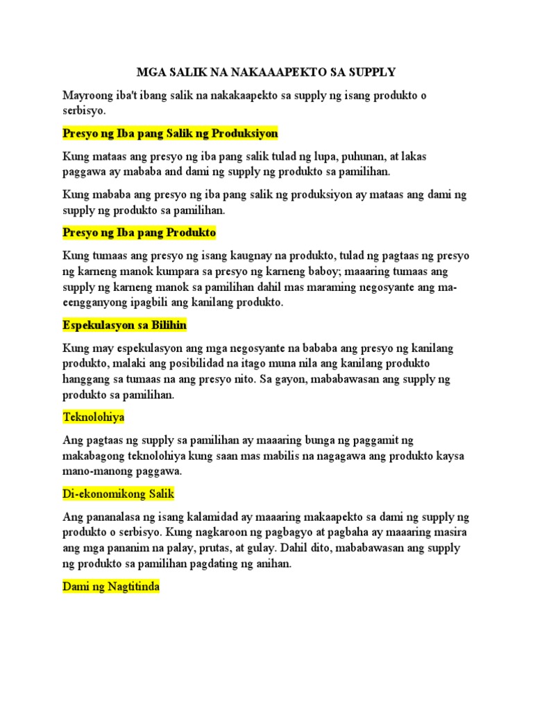 Mga Salik Na Nakaaapekto Sa Supply | PDF