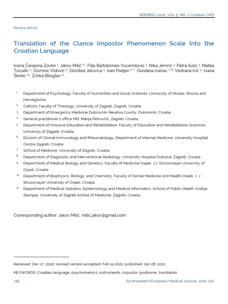 2021 - Carapina Zovko - Translation of Clance Imposter Phenomenon Scale ...