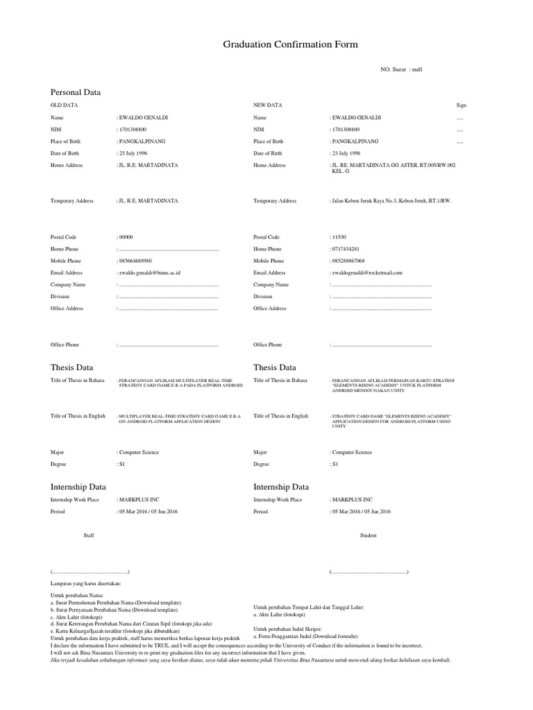 Graduation Confirmation Form: Personal Data | PDF | Mobile Technology ...