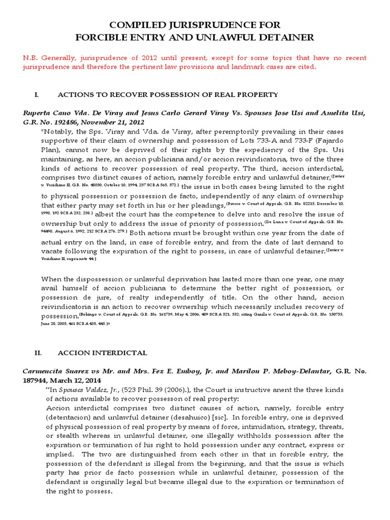 Compiled Jurisprudence For Forcible Entry and Unlawful Detainer | PDF ...