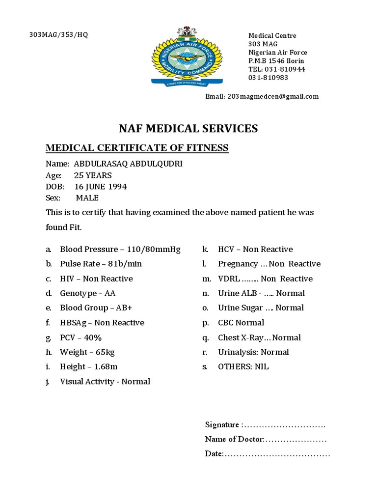 NAF Medical Certificate of Fitness | PDF