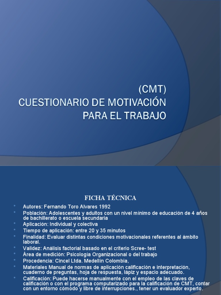 Prueba CMT CUESTIONARIO DE MOTIVACIÓN PARA EL TRABAJO | Descargar gratis PDF | Psicología ...