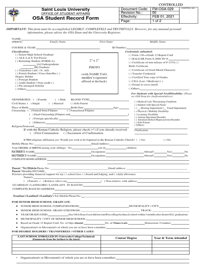 OSA Student Record Form: Saint Louis University | PDF