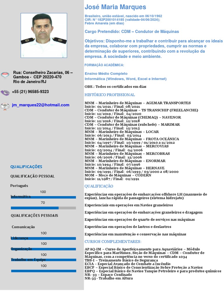 José Maria Marques - Currículo Marítimo RJ | PDF | Marinheiro | Transporte