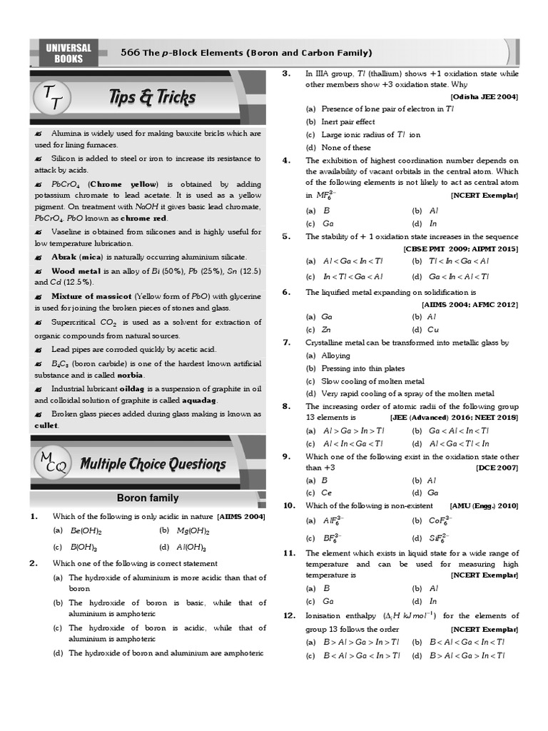 The P-Block Elements (Boron and Carbon Family) 3.: (Odisha JEE 2004 ...
