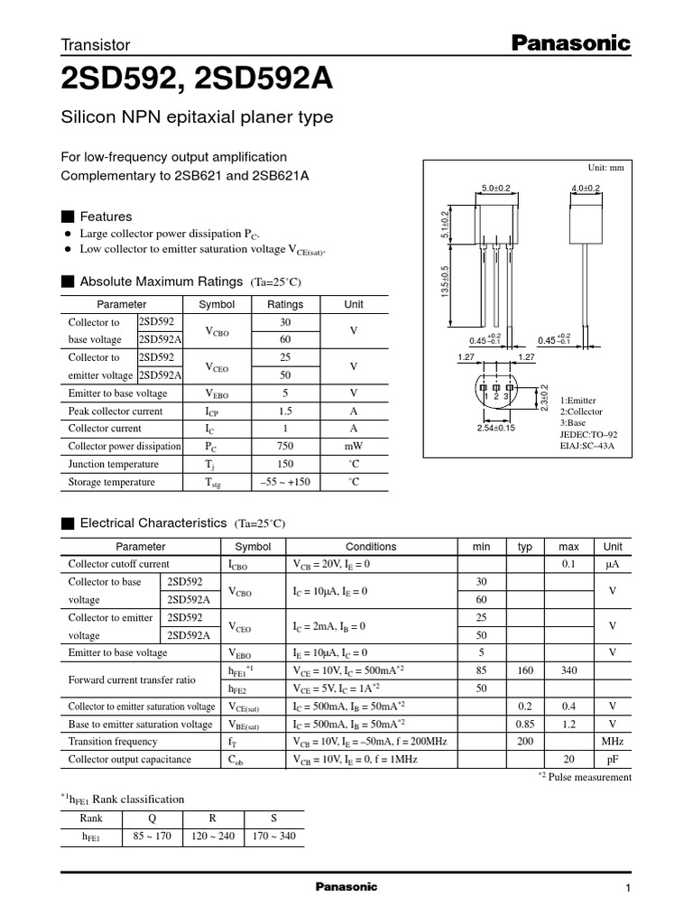 2SD592, 2SD592A: Silicon NPN Epitaxial Planer Type | Download Free PDF | Bipolar Junction ...