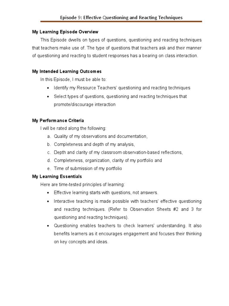 Episode 9 FS 2 Effective Questioning and Reacting Techniques | PDF | Affect (Psychology) | Adverb