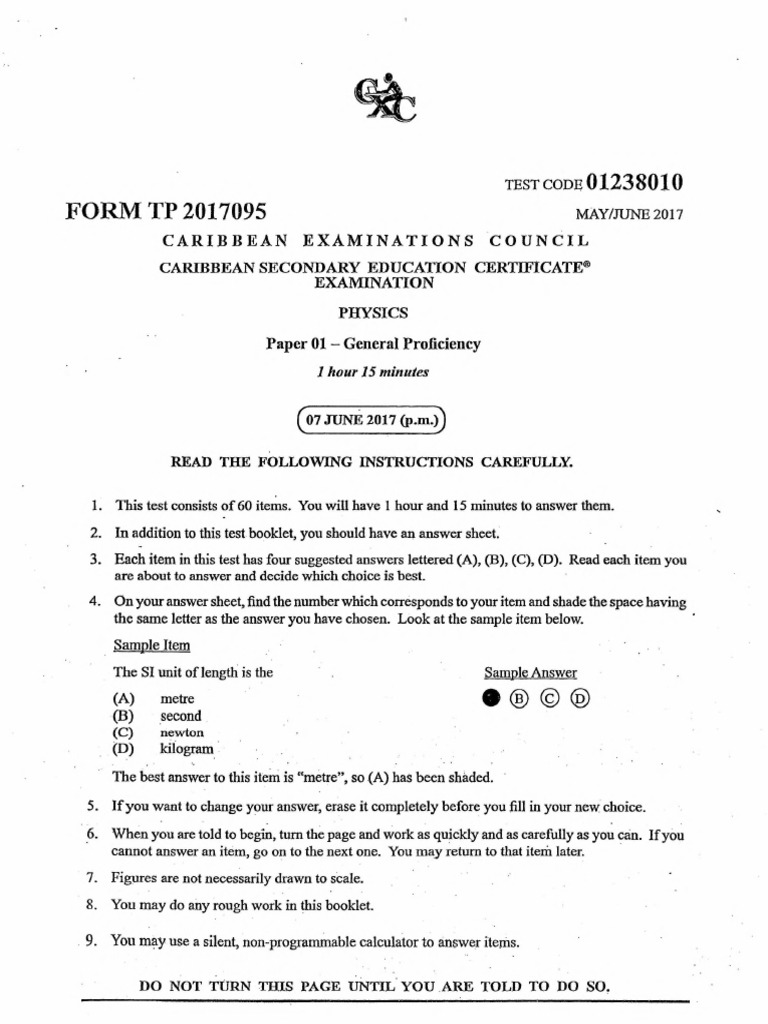 CXC Physics P1 June 2017 | PDF | Heat | Proton