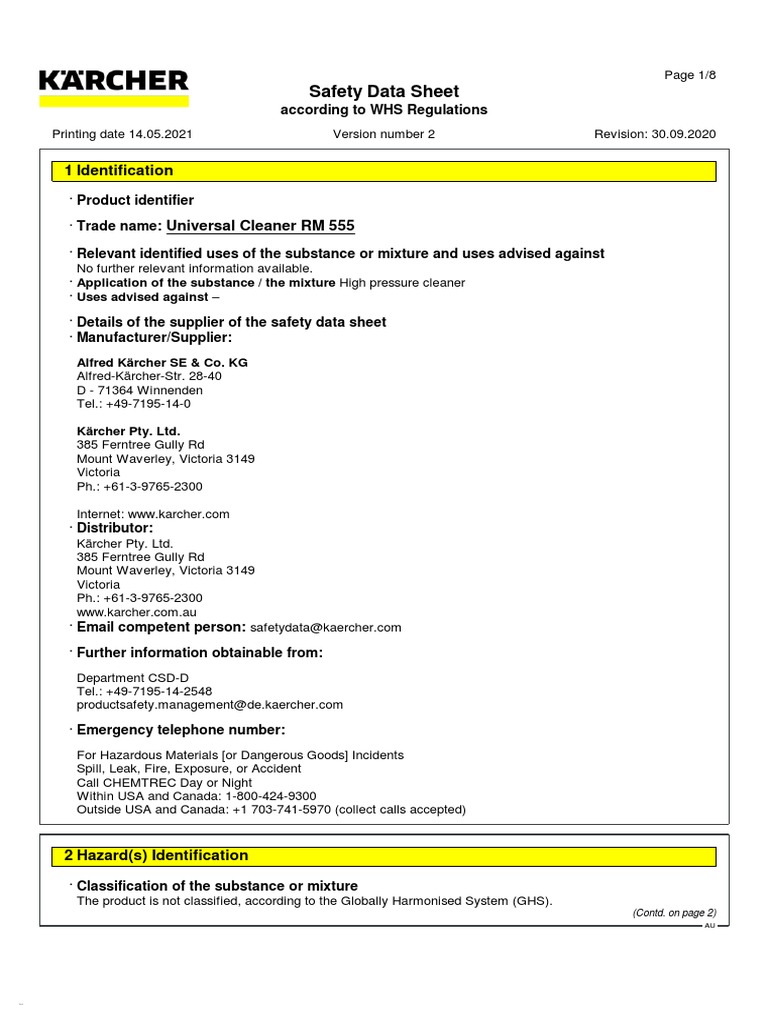 Safety Data Sheet for Universal Cleaner RM 555: A High-Pressure ...
