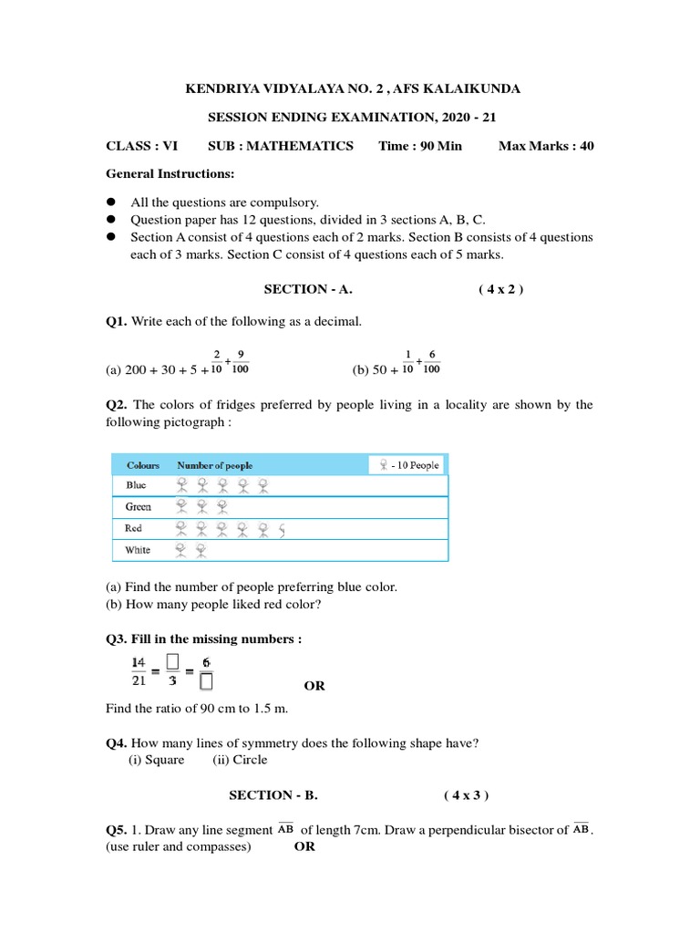 Class VI Mathematics Exam Paper 2021 | PDF | Triangle | Elementary Geometry
