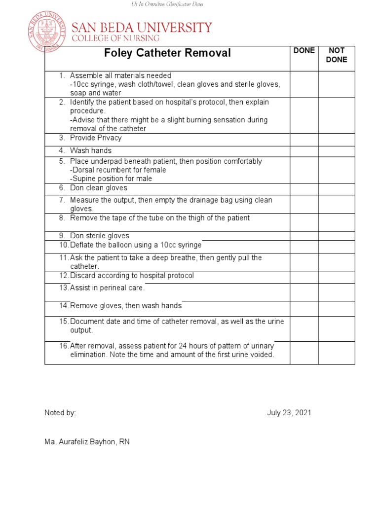 Foley Catheter Removal Checklist | PDF