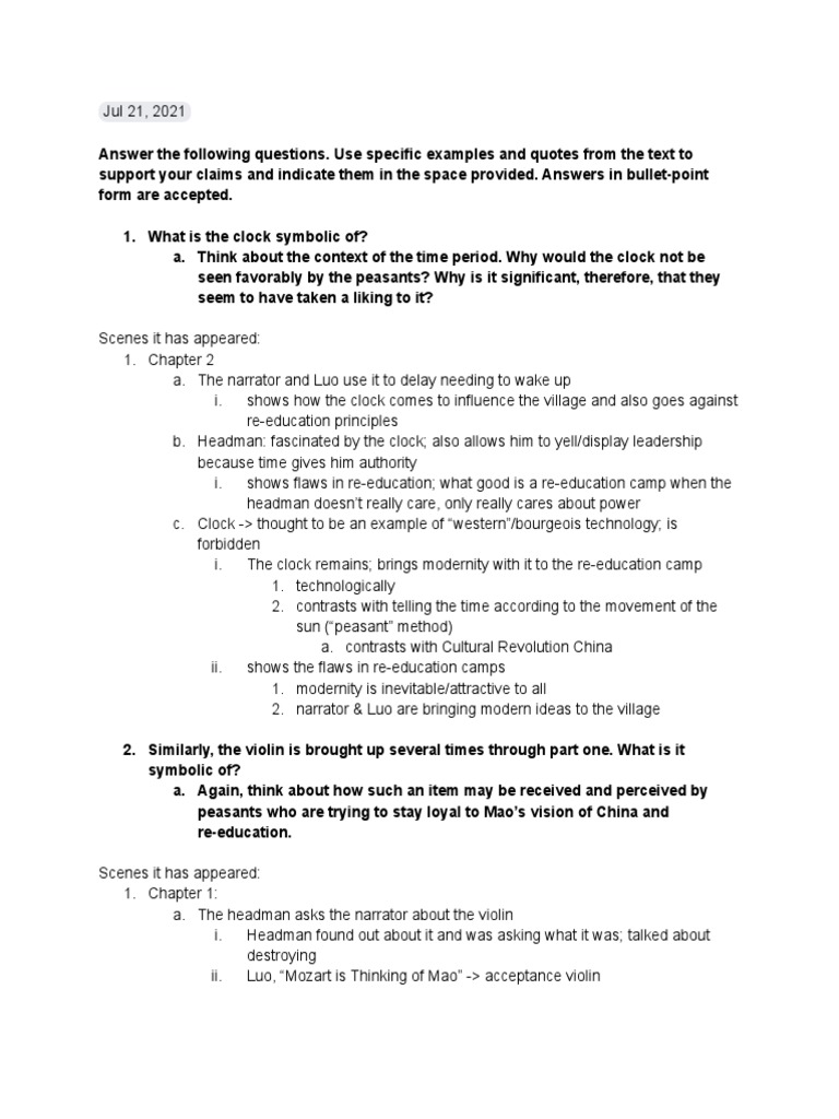 Balzac & The Little Chinese Seamstress Class Notes | PDF