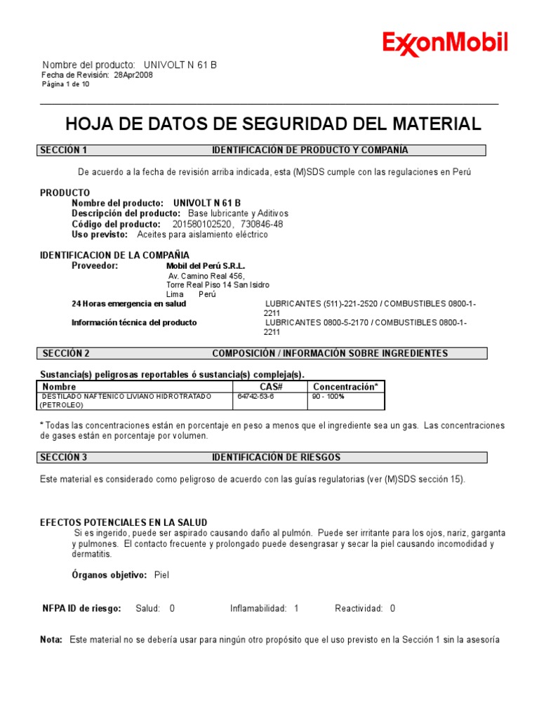 MSDS Univolt N61B | PDF | Guante | Administración de Seguridad y Salud ...
